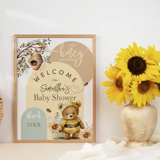Little honey Bee Bear Baby Shower welcome Poster | Zazzle