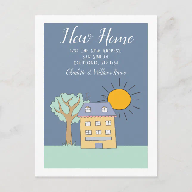 Little House And Tree With Sun New Home Announcement Postcard | Zazzle
