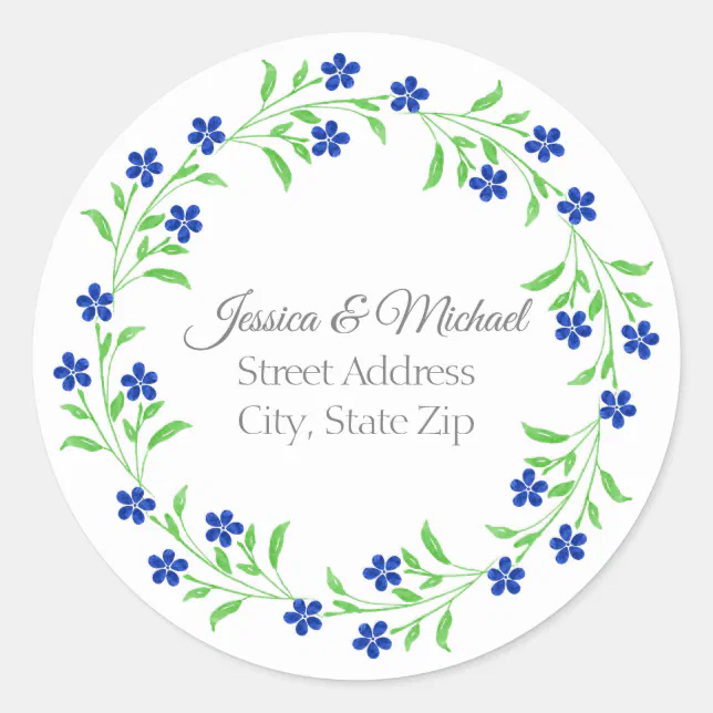 Little Indigo Blue Watercolor Flowers Wreath Classic Round Sticker | Zazzle