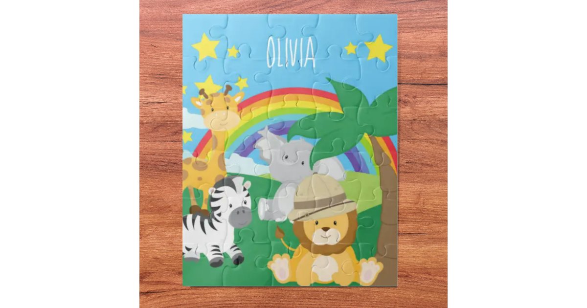 Little Kids Safari Jungle Animals and First Name Jigsaw Puzzle | Zazzle
