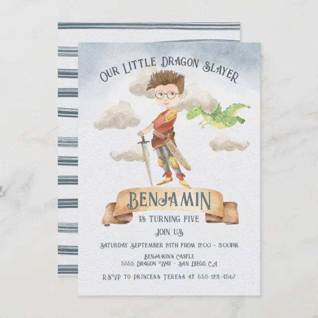 Little Knight Dragon Slayer Fairytale Birthday Inv Invitation | Zazzle
