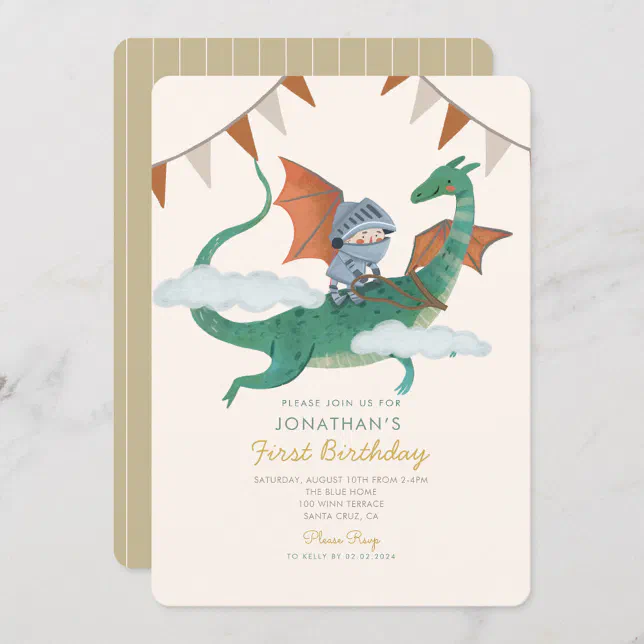 Little knight with Dragon First Birthday Invitation | Zazzle