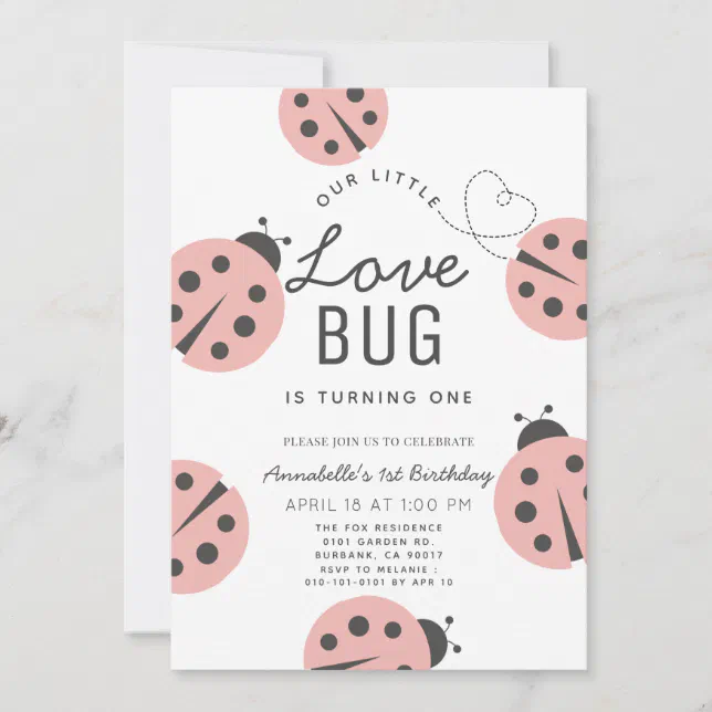Little Love Bug Light Pink Ladybug 1st Birthday Invitation | Zazzle