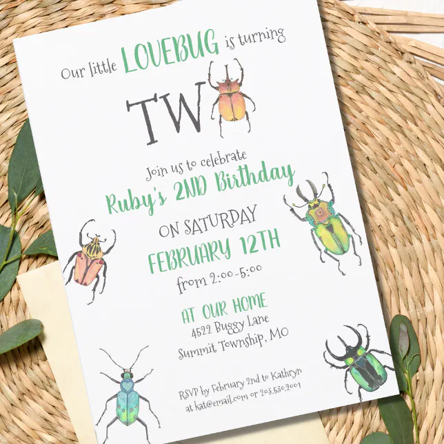 Little Love Bugs Turning Two Second Birthday Invit Invitation | Zazzle