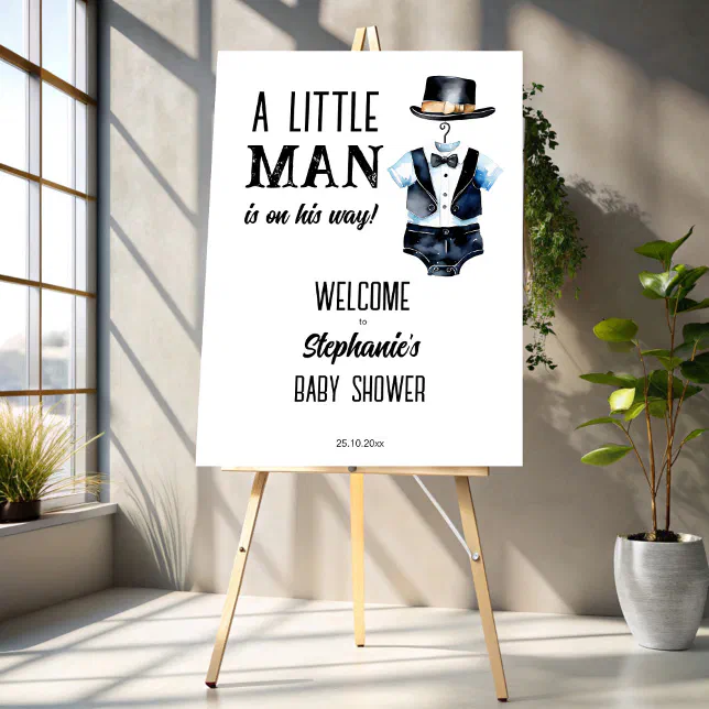 Little man baby shower black tuxedo welcome sign | Zazzle