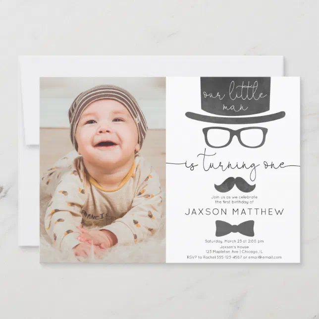 Little Man boy 1st birthday party photo Invitation | Zazzle