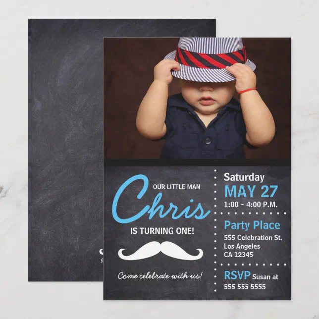 Little Man is turning one - photo, mustache, chalk Invitation | Zazzle