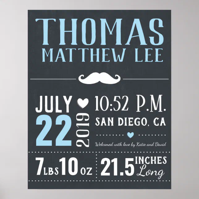 Little Man Mustache New Baby Boy Birth Stats Poster | Zazzle