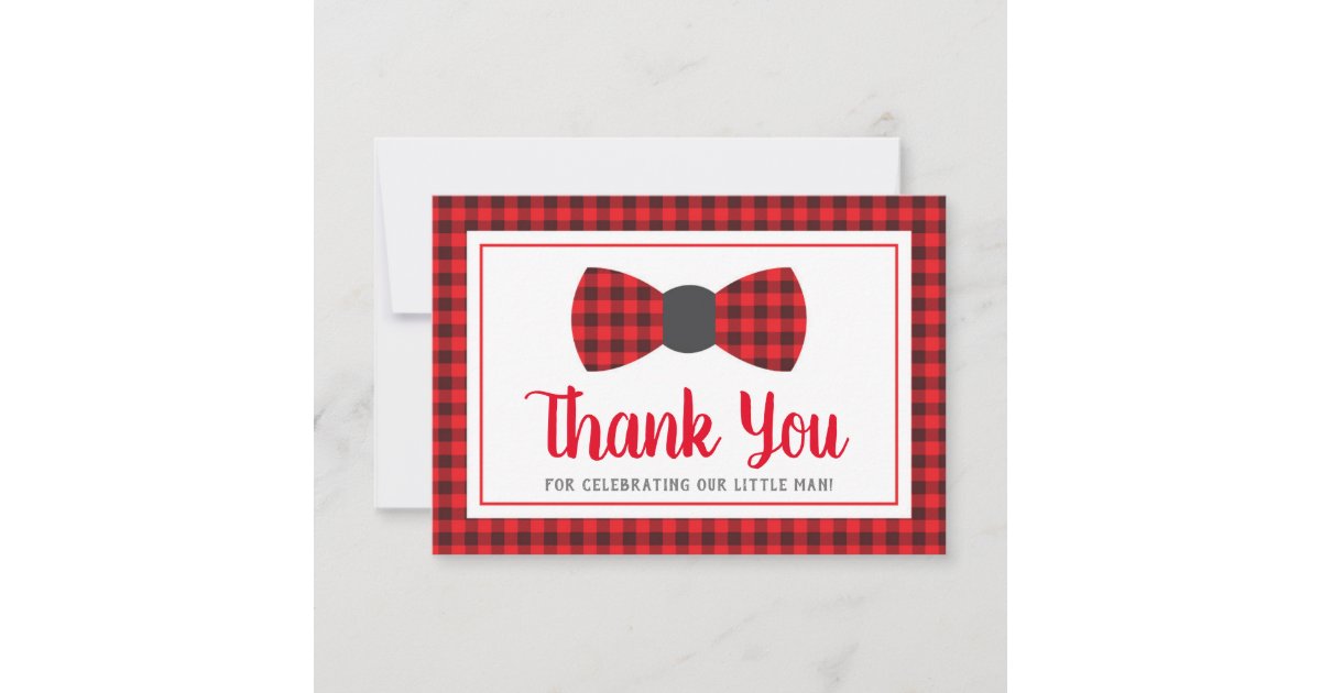 Little Man Thank You Card, Bow Tie, Buffalo Plaid Invitation | Zazzle