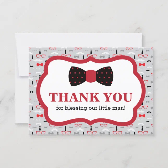 Little Man Thank You Card, Red, Black, Bow Tie | Zazzle