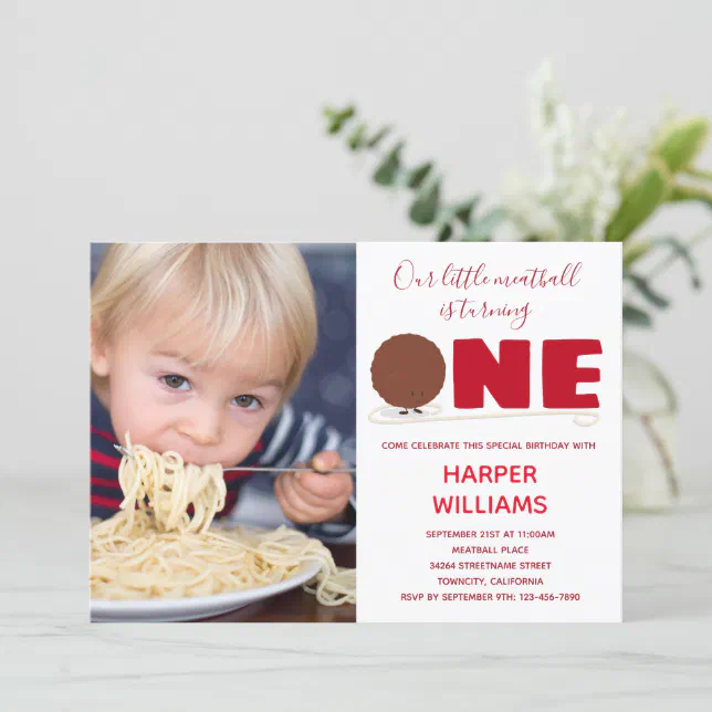 Little Meatball Turning One Photo First Birthday Invitation | Zazzle
