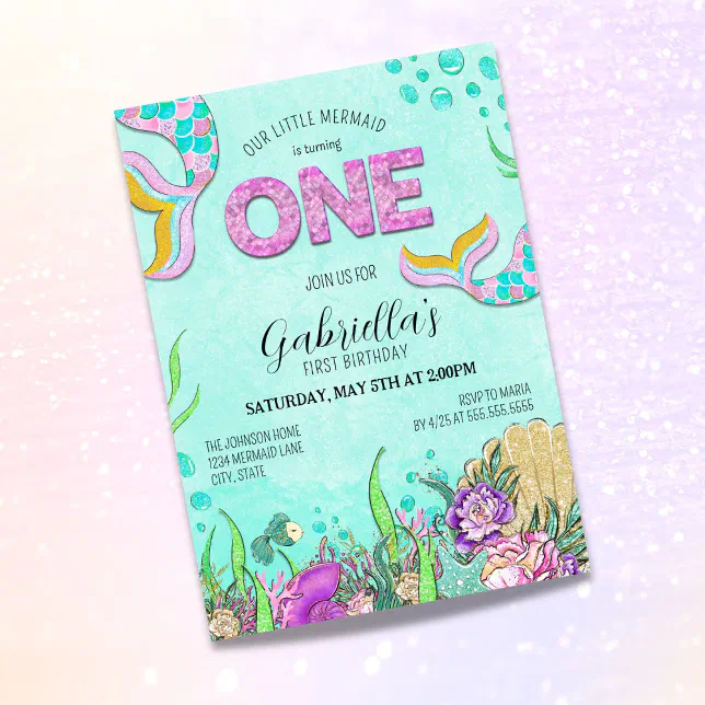 Little Mermaid Turning One 1st Birthday Invitation | Zazzle
