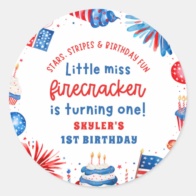Little Miss Firecracker 4th of July 1st Birthday Classic Round Sticker ...