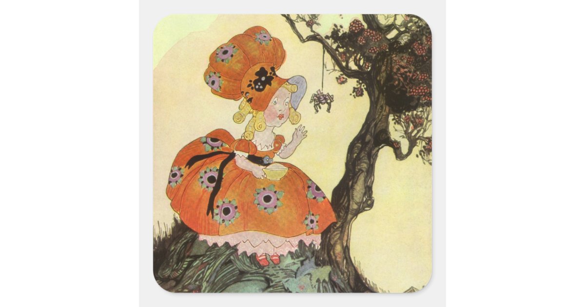 Little Miss Muffet & Spider, Vintage Mother Goose Square Sticker | Zazzle