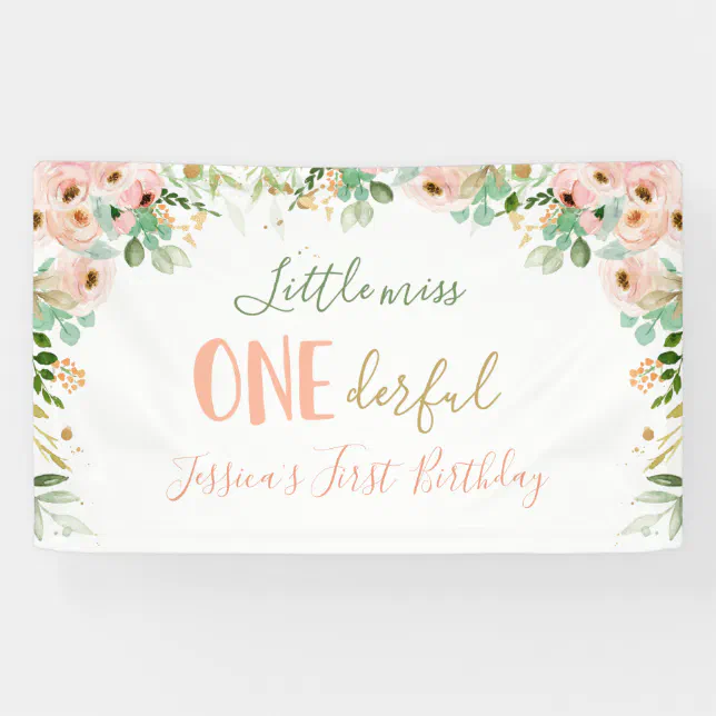 Little Miss Onederful Birthday Floral Pink Gold Banner | Zazzle