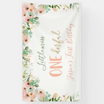 Little Miss Onederful Birthday Floral Pink Gold Banner | Zazzle