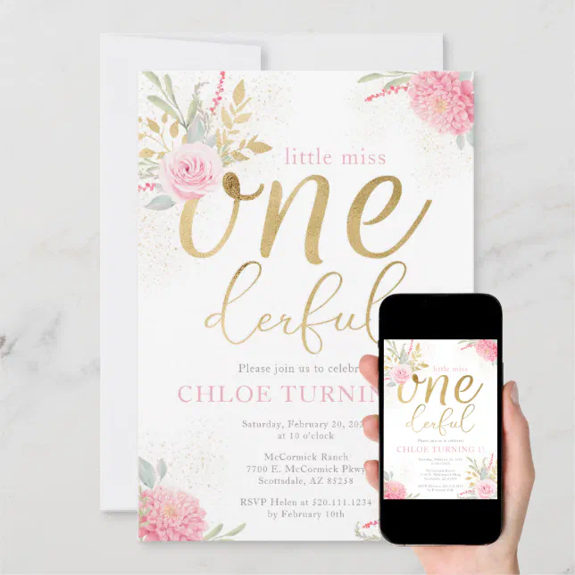 Little Miss ONEderful Floral Birthday Invitation | Zazzle