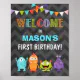 Little Monster birthday Welcome Sign Boy Chalk | Zazzle