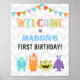 Little Monster birthday Welcome Sign Boy white | Zazzle