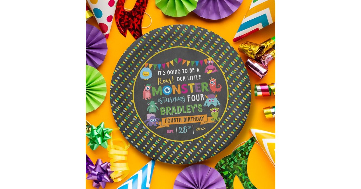 Little Monster Chalkboard 4th Birthday Party Paper Plates | Zazzle