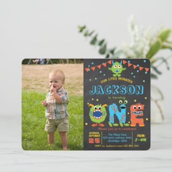 Little Monster chalkboard boy 1st birthday photo Invitation | Zazzle