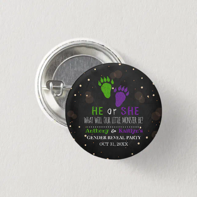 Little Monster Halloween Gender Reveal Party Button | Zazzle