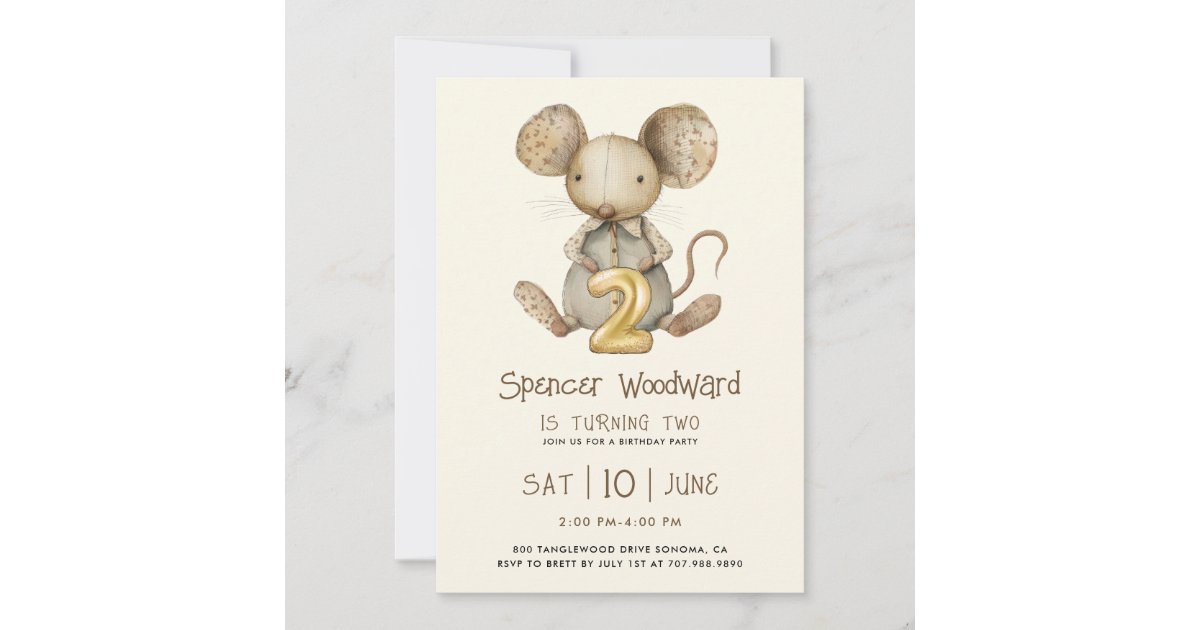 Little Mouse Boy Birthday Turning Two Invitation | Zazzle