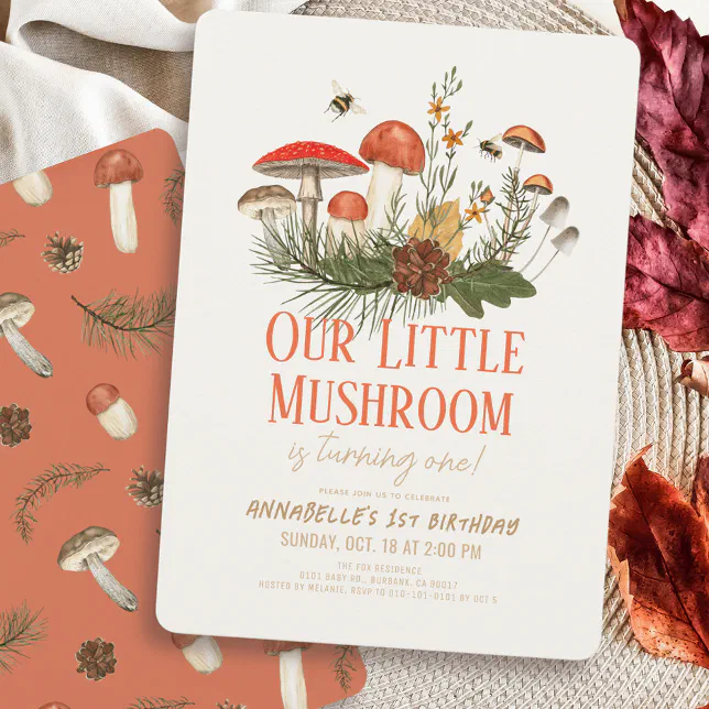 Little Mushroom Fall Autumn 1st Birthday Invitation | Zazzle