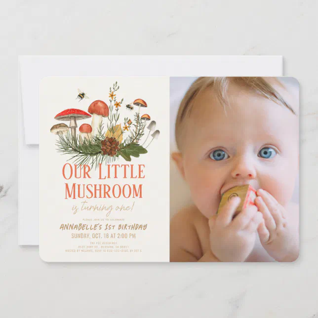 Little Mushroom Fall Autumn 1st Birthday Photo Invitation | Zazzle