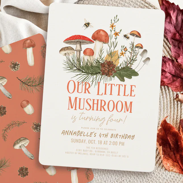 Little Mushroom Fall Autumn Kids Birthday Invitation | Zazzle