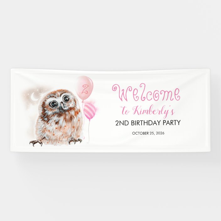 Little Owl Cute Pink Birthday Party Banner | Zazzle.com
