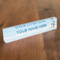 Little penguin with snow balls waving desk name plate | Zazzle