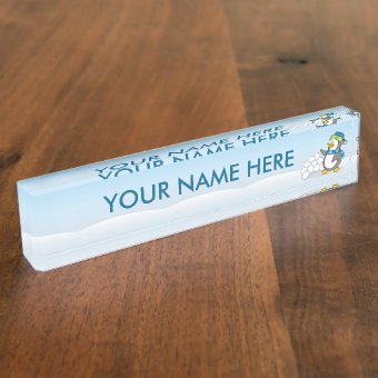 Little penguin with snow balls waving desk name plate | Zazzle
