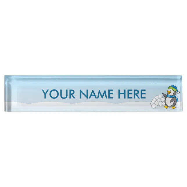 Little penguin with snow balls waving desk name plate | Zazzle
