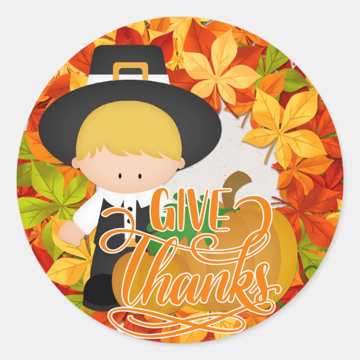 Little Pilgrim Boy - Give Thanks Classic Round Sticker | Zazzle