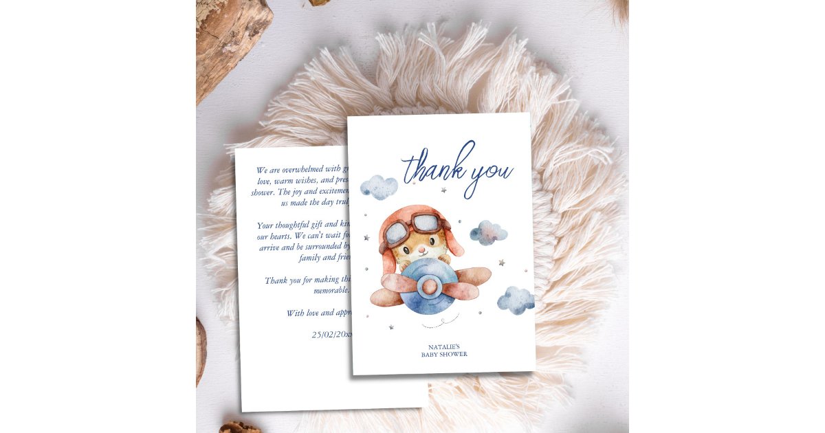 Little pilot vintage airplane baby shower thank you card | Zazzle