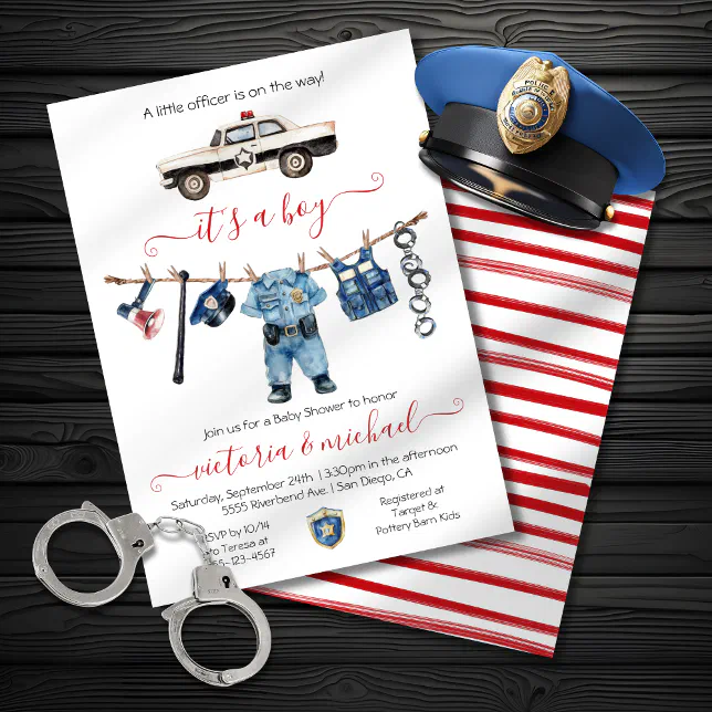 LIttle Police Officer Baby Shower Clothesline Invitation | Zazzle