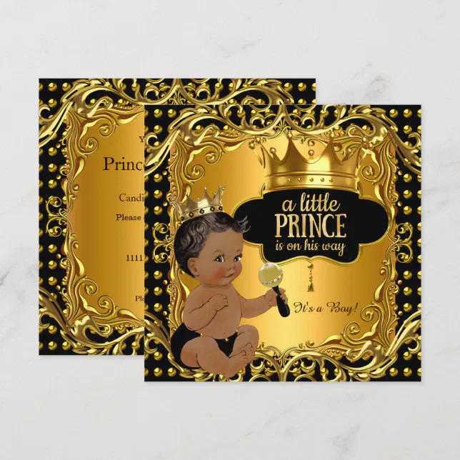 Little Prince Baby Shower Gold Rattle Ethnic Invitation | Zazzle