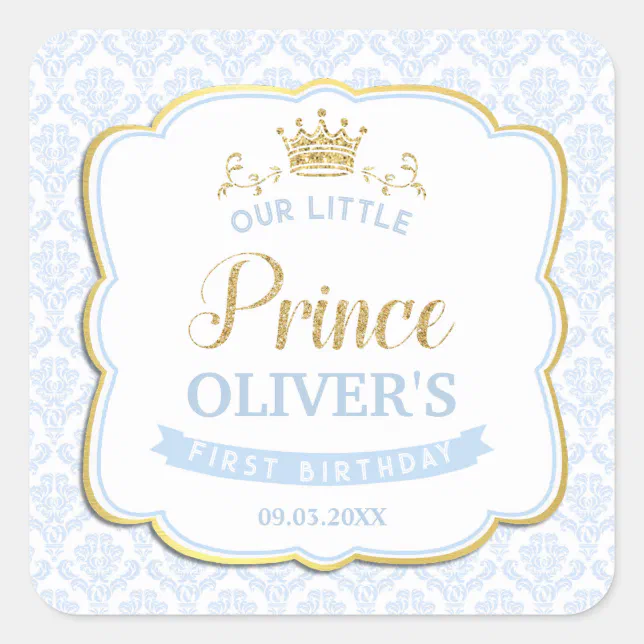 Little Prince Blue Damask Gold Crown 1st Birthday Square Sticker | Zazzle