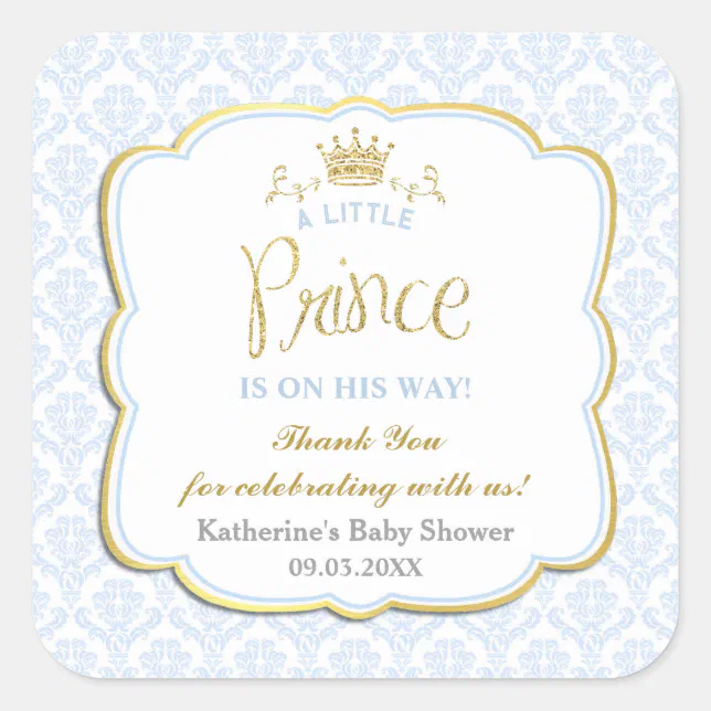 Little Prince Blue Damask Gold Crown Baby Shower Square Sticker | Zazzle