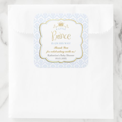 Little Prince Blue Damask Gold Crown Baby Shower Square Sticker | Zazzle