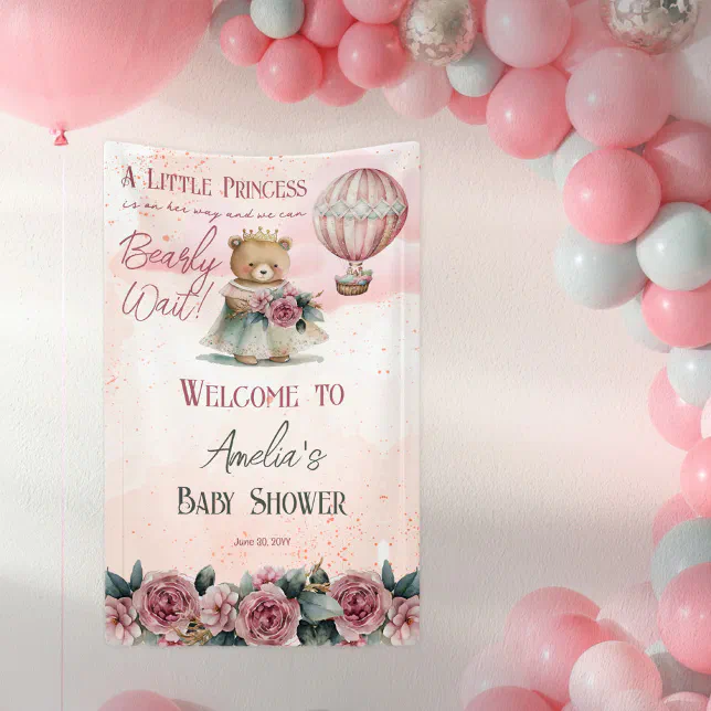 Little Princess Bear Bearly Wait Girl Baby Shower Banner | Zazzle