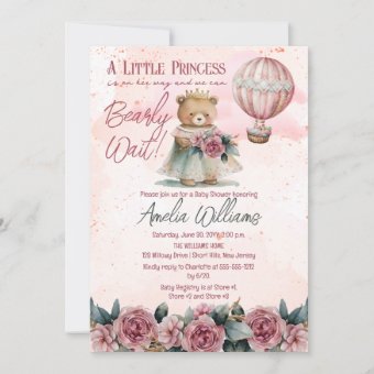 Little Princess Bear Bearly Wait Girl Baby Shower Invitation | Zazzle