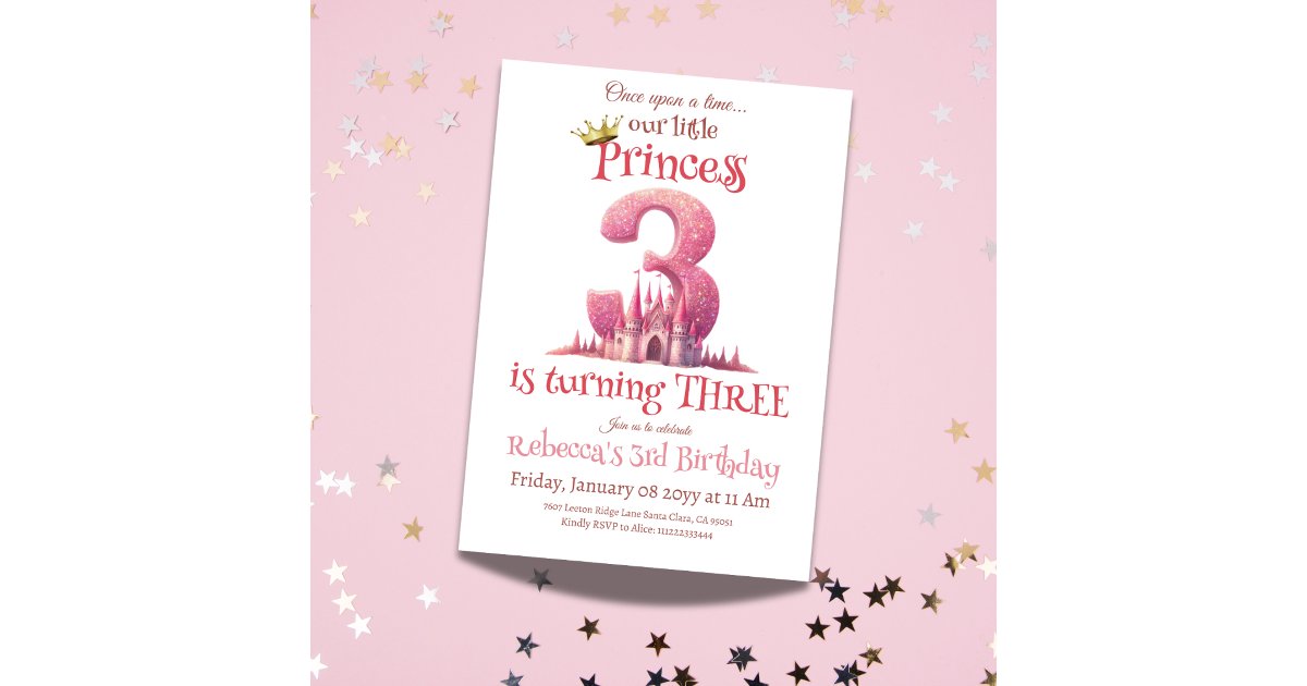 Little Princess Pink Castle Third 3rd Birthday Invitation | Zazzle