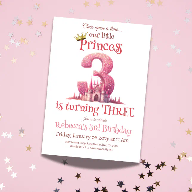 Little Princess Pink Castle Third 3rd Birthday Invitation | Zazzle