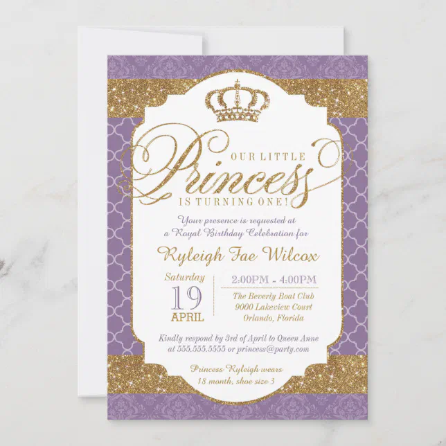Little Princess Royal Purple and Gold Birthday Invitation | Zazzle