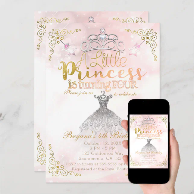 Little Princess turning FOURTH 4TH Birthday Party Invitation | Zazzle