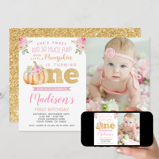 Little Pumpkin 1st Birthday Invitation with Photo | Zazzle