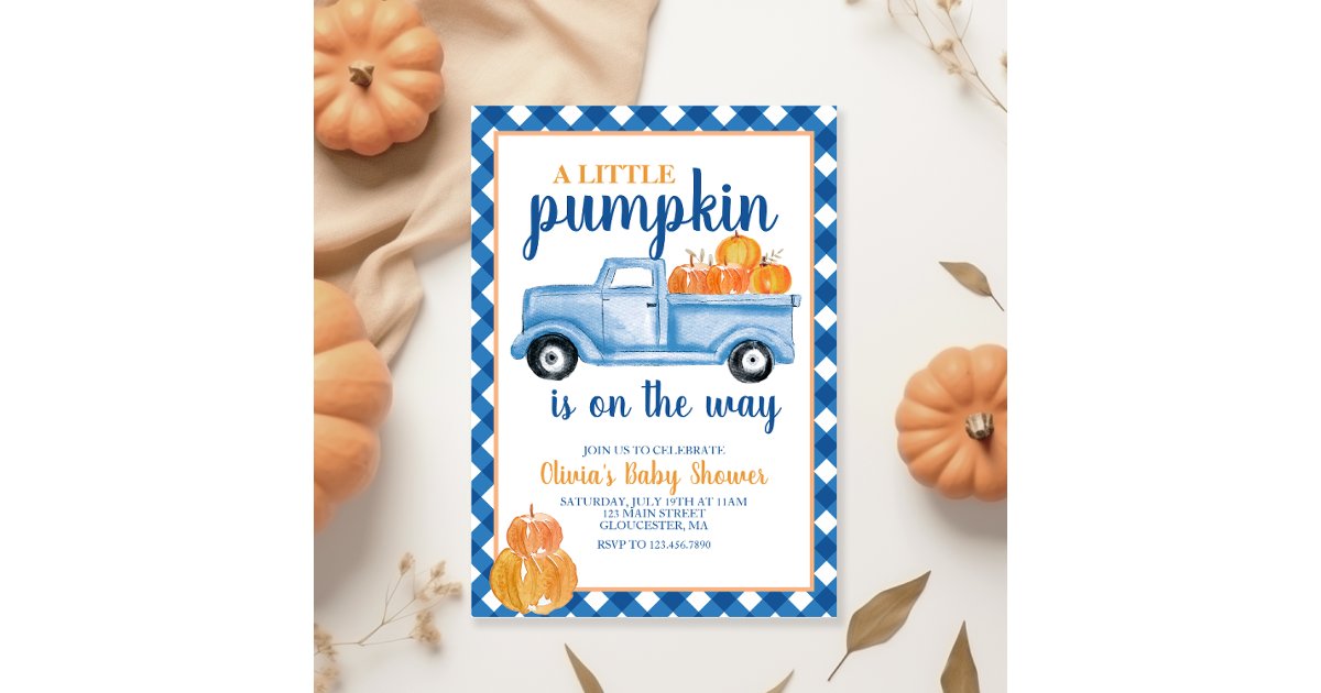 Little Pumpkin Baby Shower Blue truck Fall Invitation | Zazzle