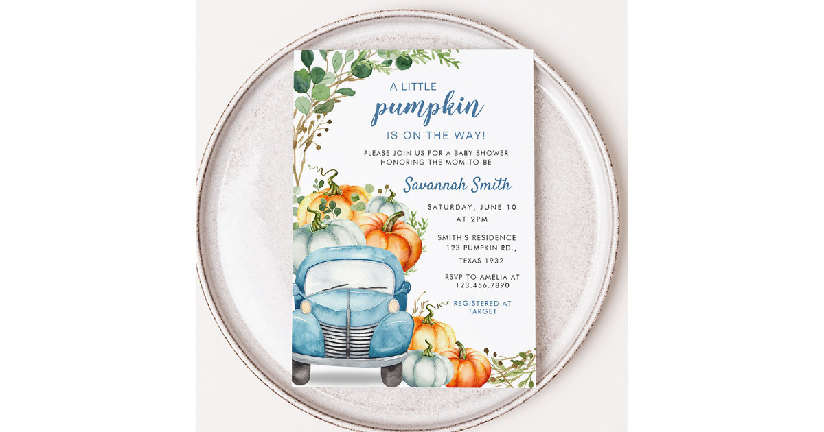 Little Pumpkin Blue Truck Baby Shower Invitation | Zazzle